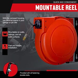 REELWORKS Air Hose Reel Retractable 1/4" Inch x 33’ Feet Premium Water Flex Hybrid Polymer Hose Max 180 PSI Heavy Duty Polypropylene Case Construction Industrial Spring Driven