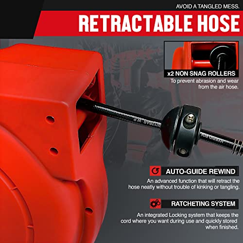 REELWORKS Air Hose Reel Retractable 1/4" Inch x 33’ Feet Premium Water Flex Hybrid Polymer Hose Max 180 PSI Heavy Duty Polypropylene Case Construction Industrial Spring Driven