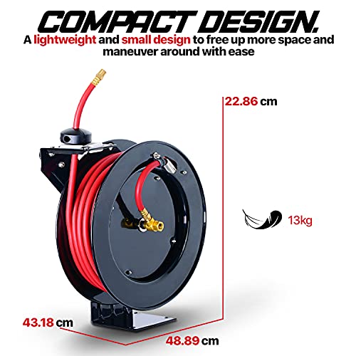 ReelWorks Air Hose Reel 3/8" Inch x 50' Foot Heavy Duty Industrial Max 300PSI Flex Hybrid Polymer Hose