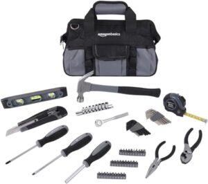 amazon basics 65 piece home basic repair tool kit set with bag, silver, black