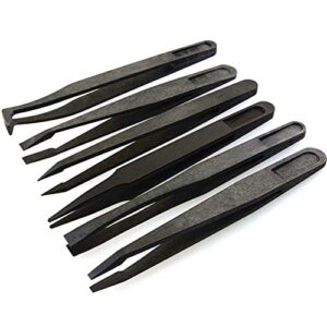 feita precision plastic tweezers kit - plastic anti static tweezers set pickup craft electronics diy repair tool - black - 6pcs