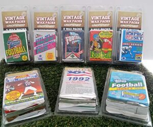 over 70 vintage football cards in 5 vintage unopened football wax packs from various brands ranging in years 1989 to 1999. comes in custom souvenir case. great for 1st time collectors. by 3bros