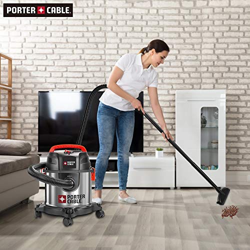 PORTER-CABLE Wet/Dry Vacuum 4 Gallon 4HP Stainless Steel Light Weight Portable, 3 in 1 Function with Attachments, Silver+Red