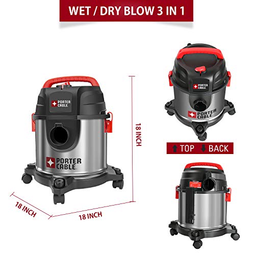 PORTER-CABLE Wet/Dry Vacuum 4 Gallon 4HP Stainless Steel Light Weight Portable, 3 in 1 Function with Attachments, Silver+Red