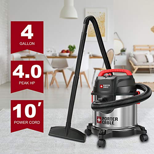 PORTER-CABLE Wet/Dry Vacuum 4 Gallon 4HP Stainless Steel Light Weight Portable, 3 in 1 Function with Attachments, Silver+Red