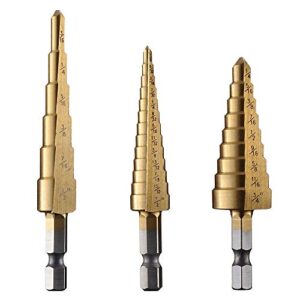 yakamoz 3pcs high speed steel hss titanium step drill bit set quick-change 1/4" hex shank sae - total 28 sizes