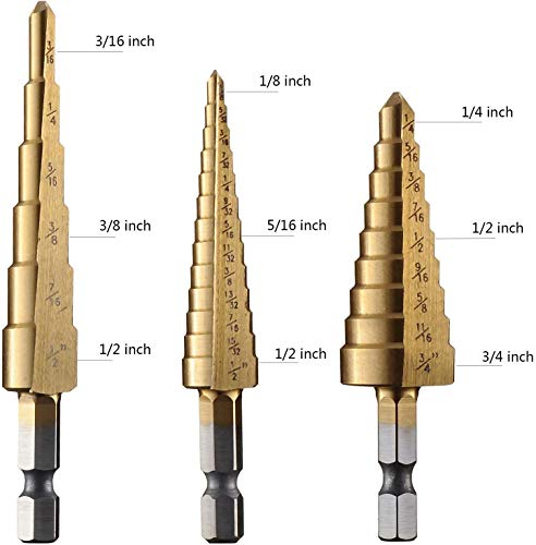 Yakamoz 3PCS High Speed Steel HSS Titanium Step Drill Bit Set Quick-Change 1/4" Hex Shank SAE - Total 28 Sizes