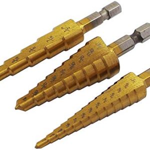 Yakamoz 3PCS High Speed Steel HSS Titanium Step Drill Bit Set Quick-Change 1/4" Hex Shank SAE - Total 28 Sizes