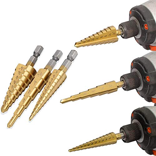 Yakamoz 3PCS High Speed Steel HSS Titanium Step Drill Bit Set Quick-Change 1/4" Hex Shank SAE - Total 28 Sizes