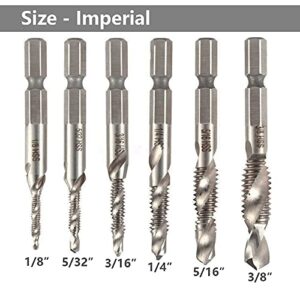 Yakamoz 6PCS Drill Tap Combination Bit Set HSS Deburr Countersink Bit 1/4 Hex Shank Tool Kit | Imperial