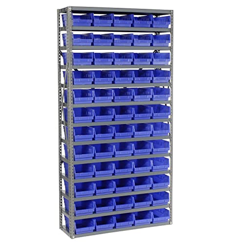 Global Industrial 13 Shelf Steel Shelving with (60) 4" H Plastic Shelf Bins, Blue, 36x12x72