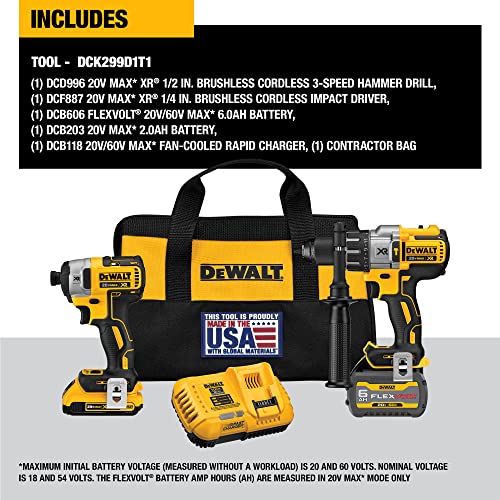 DEWALT FLEXVOLT 60V MAX* Cordless Drill Combo Kit, Hammer Drill & Impact Driver (DCK299D1T1)