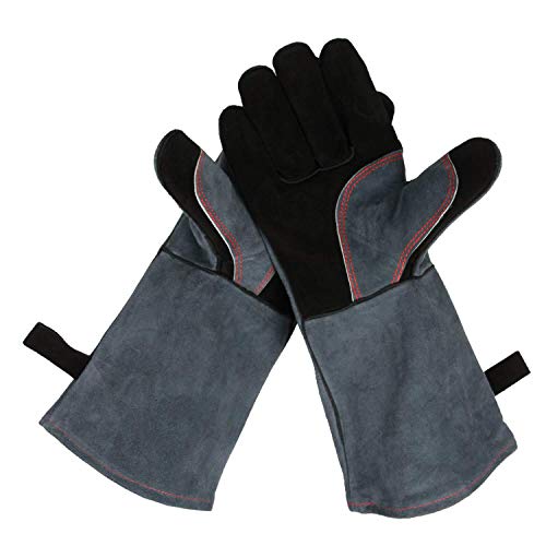 932℉ Grill BBQ Gloves 16-inch Heat Resistant Leather Forge Welding Glove with Flame Retardant Long Sleeve and Insulated Lining for Men and Women Black-Gray