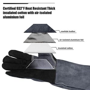 932℉ Grill BBQ Gloves 16-inch Heat Resistant Leather Forge Welding Glove with Flame Retardant Long Sleeve and Insulated Lining for Men and Women Black-Gray