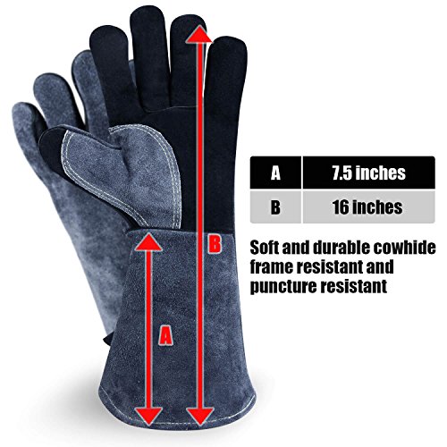 932℉ Grill BBQ Gloves 16-inch Heat Resistant Leather Forge Welding Glove with Flame Retardant Long Sleeve and Insulated Lining for Men and Women Black-Gray