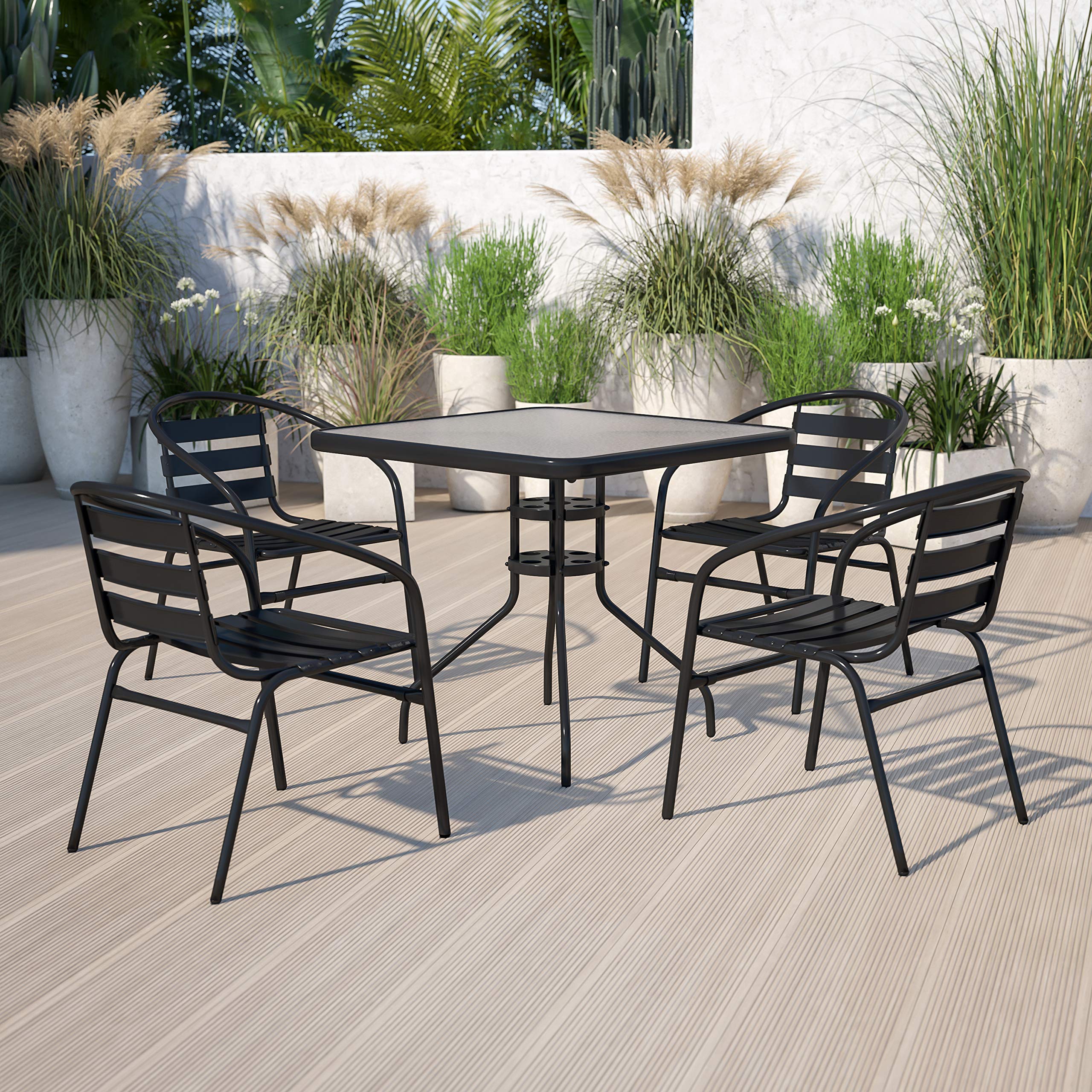 Flash Furniture 5-Piece Patio Dining Set with 31.5" Square Glass Metal Table and 4 Stackable Slat Back Chairs, Indoor/Outdoor Bistro Table and Chairs Set, Black