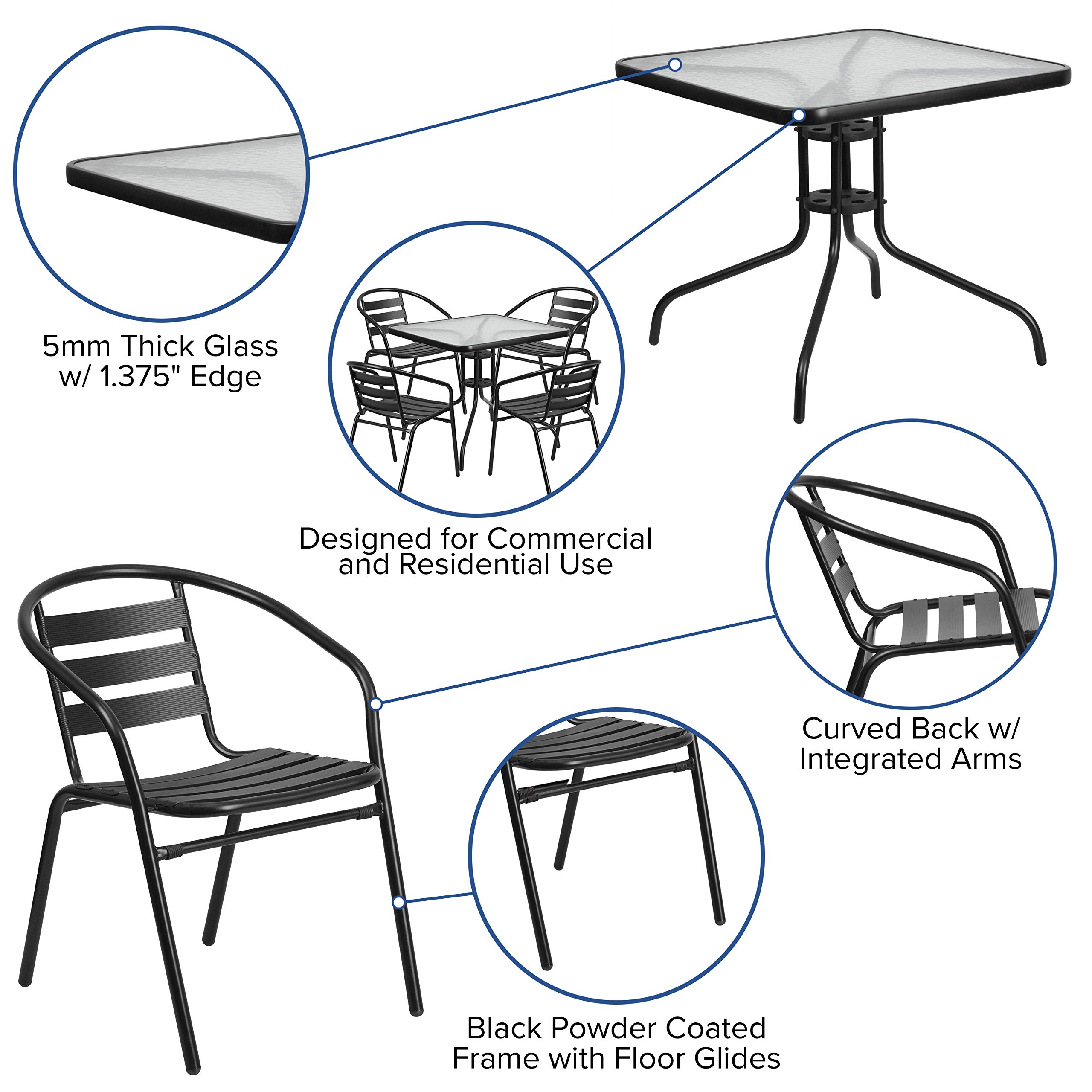 Flash Furniture 5-Piece Patio Dining Set with 31.5" Square Glass Metal Table and 4 Stackable Slat Back Chairs, Indoor/Outdoor Bistro Table and Chairs Set, Black