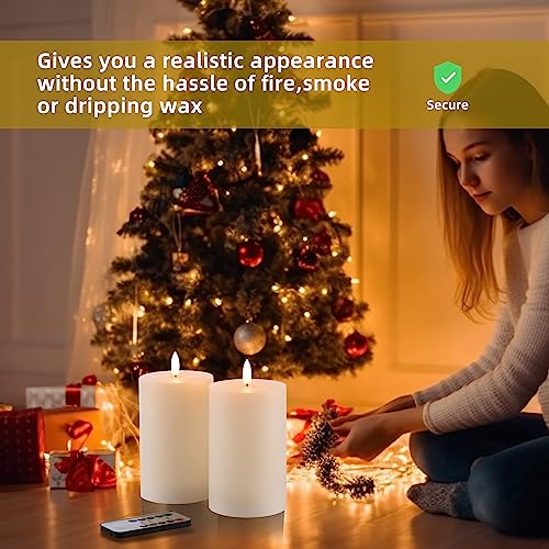 Pandaing Set of 2 Ivory Flameless Candles Battery Operated LED Real Wax Flickering Electric Candles with Remote Control Timer for Decorations (3"x6")