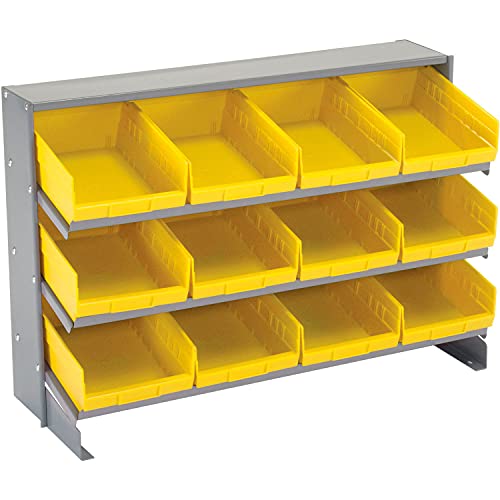 Global Industrial 3 Shelf Bench Rack, (12) 8" W Yellow Bins, 33x12x21