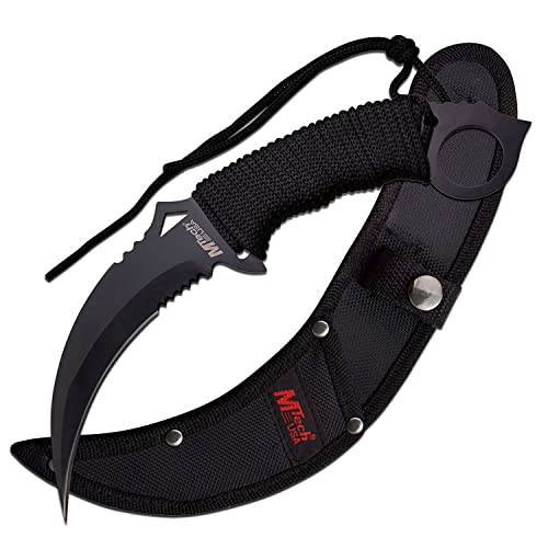 MTECH USA – Fixed Blade Knife – Black Partially Serrated Stainless Steel Karambit Blade w/Black Cord Wrapped Handle, Full Tang, Black Nylon Sheath - Hunting, Camping, Survival, EDC – MT-20-76BK