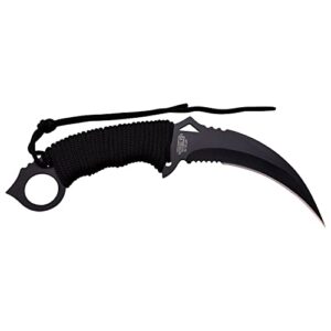 MTECH USA – Fixed Blade Knife – Black Partially Serrated Stainless Steel Karambit Blade w/Black Cord Wrapped Handle, Full Tang, Black Nylon Sheath - Hunting, Camping, Survival, EDC – MT-20-76BK