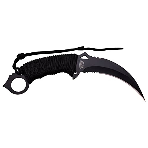 MTECH USA – Fixed Blade Knife – Black Partially Serrated Stainless Steel Karambit Blade w/Black Cord Wrapped Handle, Full Tang, Black Nylon Sheath - Hunting, Camping, Survival, EDC – MT-20-76BK