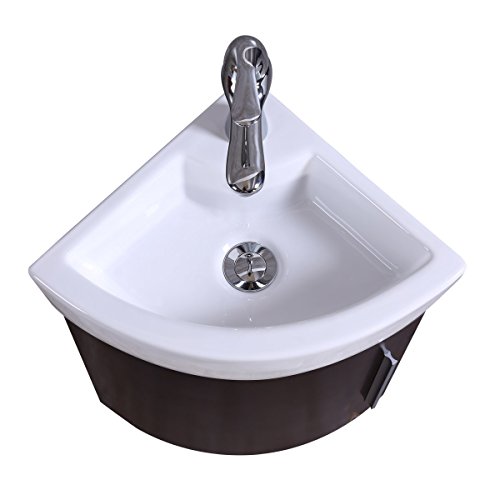 Myrtle Corner Wall Mount Vanity Sink 16.5" W Compact White Heavy Duty Grade A Vitreous China Sink With Black Vanity Cabinet, Chrome Faucet And Drain with Overflow Renovators Supply Manufacturing