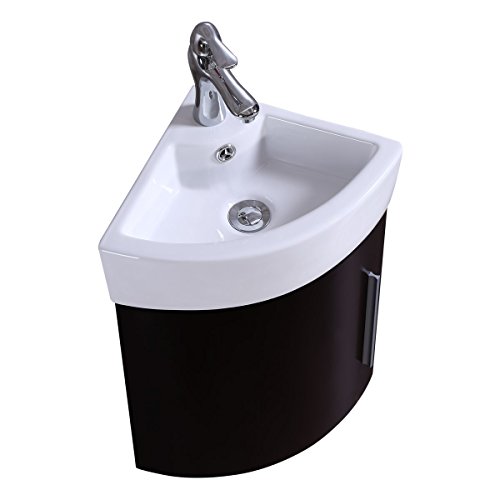 Myrtle Corner Wall Mount Vanity Sink 16.5" W Compact White Heavy Duty Grade A Vitreous China Sink With Black Vanity Cabinet, Chrome Faucet And Drain with Overflow Renovators Supply Manufacturing