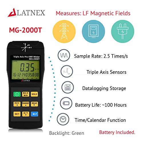 EMI Magnetic Field Gauss Meter Detector MG-2000T Triple Axis Professional use Magnetic Interference from MRI Machines Industrial and Medical Equipment Power Lines Appliances EMF Inspections