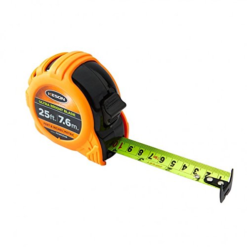 Keson PG181025UB Short Tape Measure with Nylon Coated Ultra Bright Steel Blade (Graduations: 1/10, 1/100 & ft., in., 1/8), 1-Inch by 25-Foot