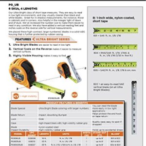 Keson PG181025UB Short Tape Measure with Nylon Coated Ultra Bright Steel Blade (Graduations: 1/10, 1/100 & ft., in., 1/8), 1-Inch by 25-Foot