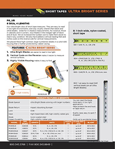 Keson PG181025UB Short Tape Measure with Nylon Coated Ultra Bright Steel Blade (Graduations: 1/10, 1/100 & ft., in., 1/8), 1-Inch by 25-Foot