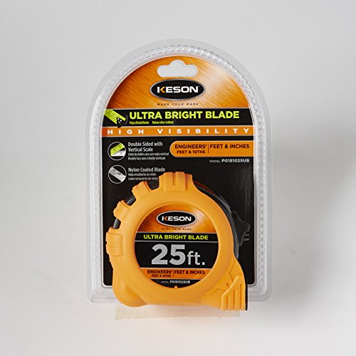 Keson PG181025UB Short Tape Measure with Nylon Coated Ultra Bright Steel Blade (Graduations: 1/10, 1/100 & ft., in., 1/8), 1-Inch by 25-Foot