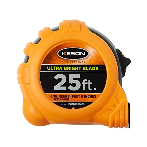 Keson PG181025UB Short Tape Measure with Nylon Coated Ultra Bright Steel Blade (Graduations: 1/10, 1/100 & ft., in., 1/8), 1-Inch by 25-Foot