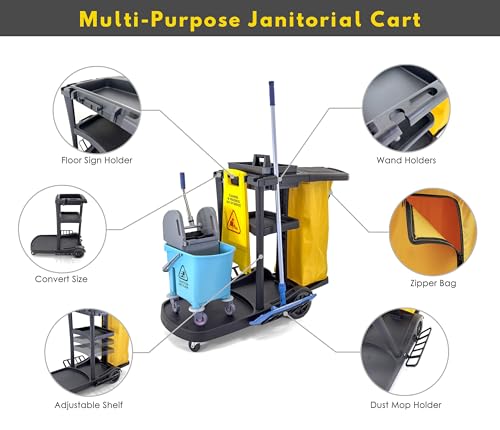 Farag Janitorial Commercial Housekeeping cart Janitorial cart with Cover and Vinyl Bag, L 52" x W 22" x H 40"