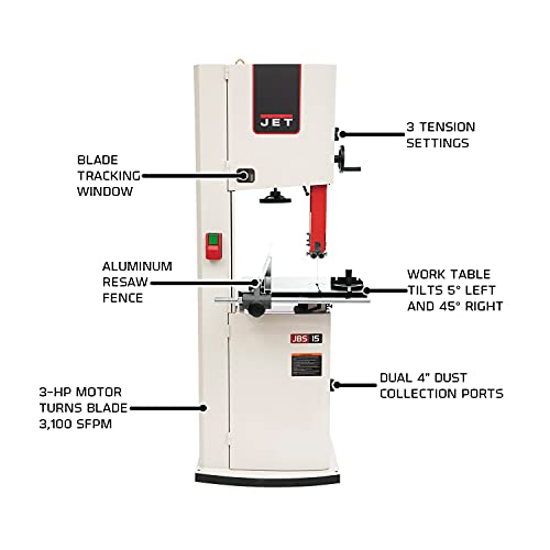 JET JWBS-15-3, 15-Inch Woodworking Bandsaw, 3HP, 230V 1PH (714650)