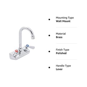 Kitchen Sink Faucet Wall Mount - DuraSteel 4" Center Commercial Kitchen Sink Faucet with 3-1/2" Gooseneck Spout - Dual Lever Handles - Brass Constructed & Chrome Polished