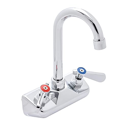 Kitchen Sink Faucet Wall Mount - DuraSteel 4" Center Commercial Kitchen Sink Faucet with 3-1/2" Gooseneck Spout - Dual Lever Handles - Brass Constructed & Chrome Polished