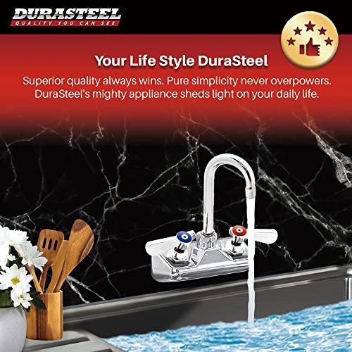 Kitchen Sink Faucet Wall Mount - DuraSteel 4" Center Commercial Kitchen Sink Faucet with 3-1/2" Gooseneck Spout - Dual Lever Handles - Brass Constructed & Chrome Polished