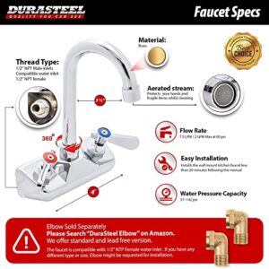 Kitchen Sink Faucet Wall Mount - DuraSteel 4" Center Commercial Kitchen Sink Faucet with 3-1/2" Gooseneck Spout - Dual Lever Handles - Brass Constructed & Chrome Polished