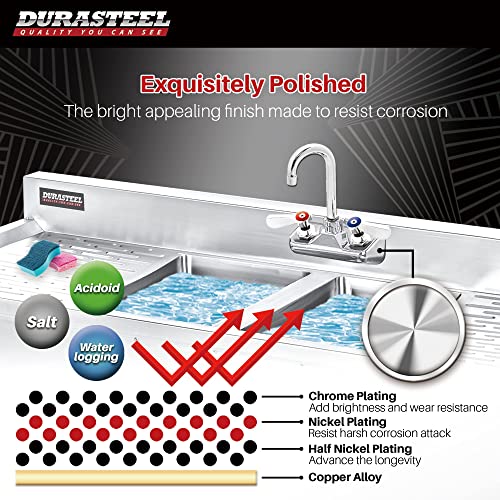 Kitchen Sink Faucet Wall Mount - DuraSteel 4" Center Commercial Kitchen Sink Faucet with 3-1/2" Gooseneck Spout - Dual Lever Handles - Brass Constructed & Chrome Polished