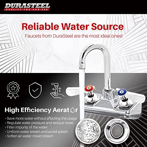 Kitchen Sink Faucet Wall Mount - DuraSteel 4" Center Commercial Kitchen Sink Faucet with 3-1/2" Gooseneck Spout - Dual Lever Handles - Brass Constructed & Chrome Polished