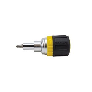 klein tools 32593 multi-bit ratcheting screwdriver, 6-in-1 stubby tool with phillips and slotted bits and 2 nut driver sizes