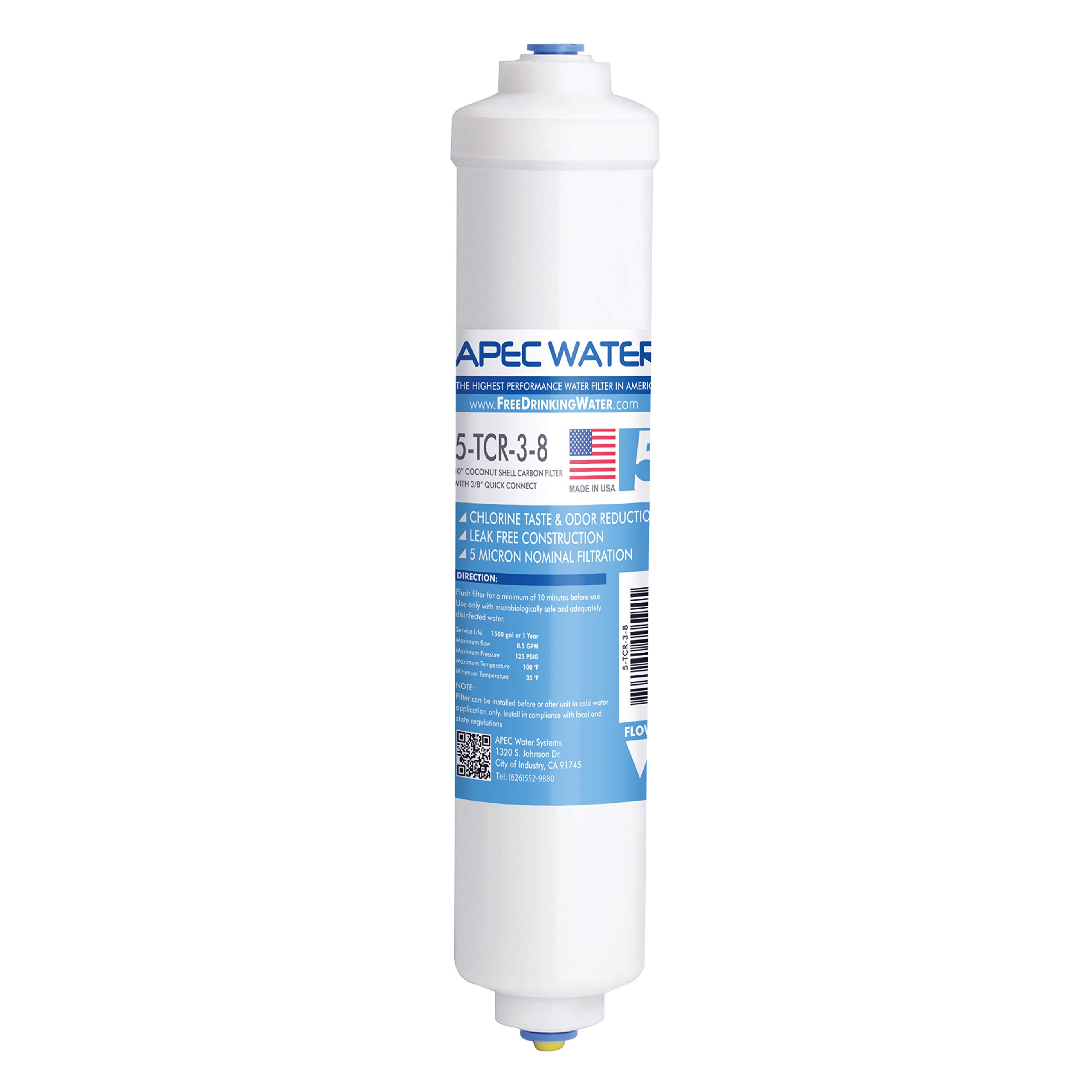 APEC Water Systems 5-TCR-3-8 APEC ULTIMATE Series US Made 10" Inline Carbon Filter with Quick Connector (3/8"), White