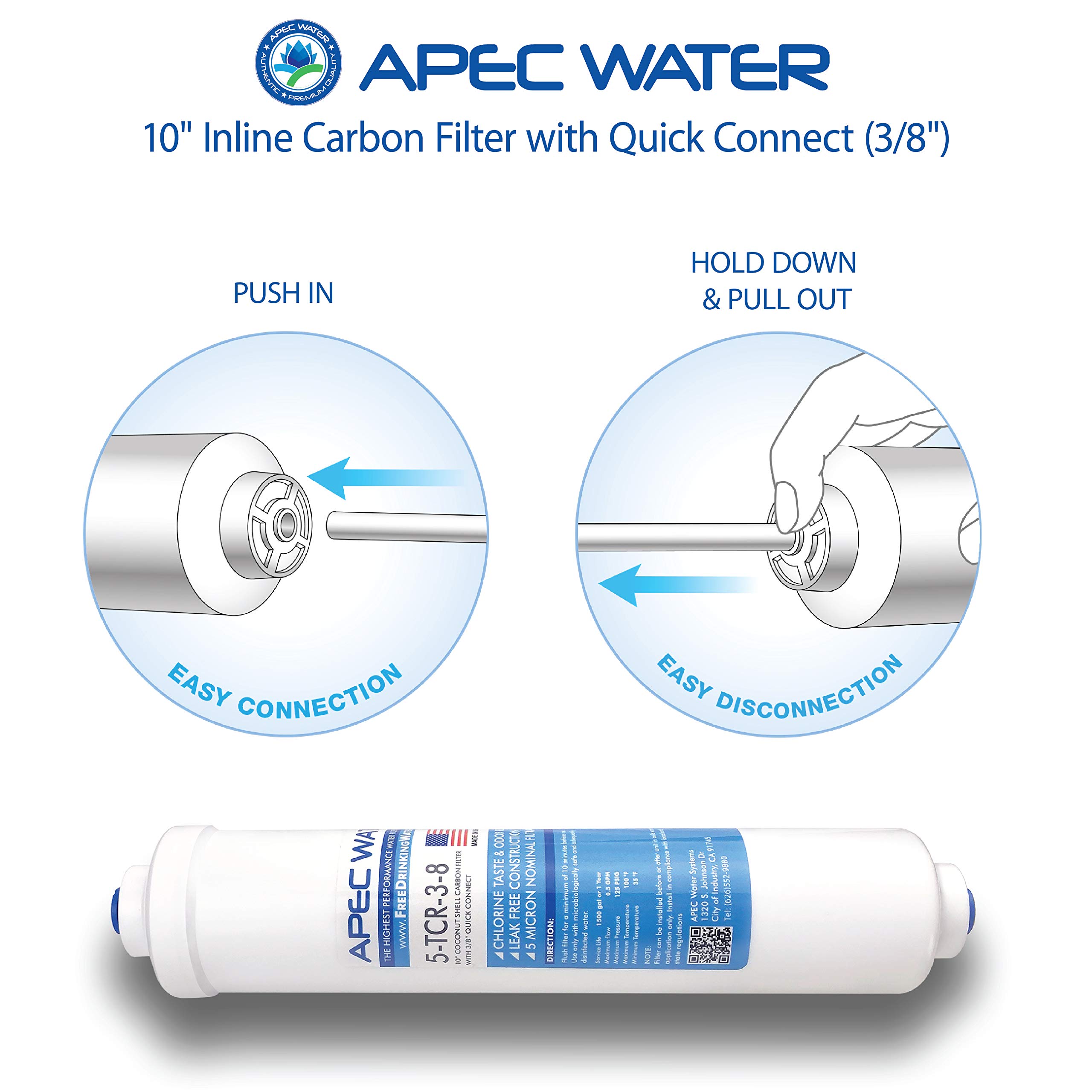 APEC Water Systems 5-TCR-3-8 APEC ULTIMATE Series US Made 10" Inline Carbon Filter with Quick Connector (3/8"), White