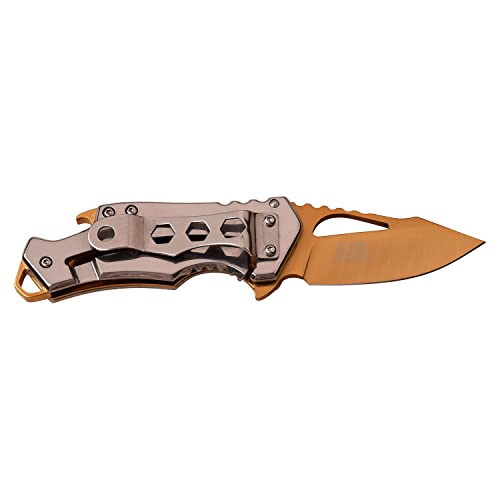 MTech USA – Spring Assisted Folding Knife – Gold TiNite Coated Fine Edge Blade, Mirror Polished Stainless Steel Handle, Bottle Opener, Pocket Clip, Tactical, EDC, Self Defense- MT-A882SGD