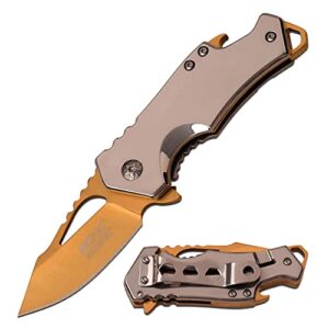 mtech usa – spring assisted folding knife – gold tinite coated fine edge blade, mirror polished stainless steel handle, bottle opener, pocket clip, tactical, edc, self defense- mt-a882sgd