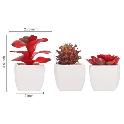 MyGift Assorted Artificial Red Succulent Plants, Mini Fake Desert Plants in White Square Pots, Set of 3