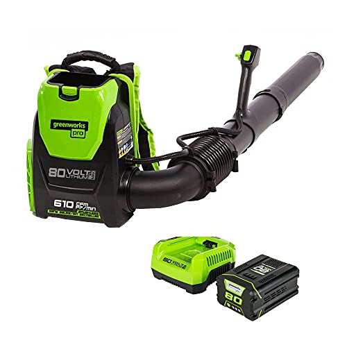 Greenworks 80V (180 MPH / 610 CFM / 75+ Compatible Tools) Cordless Brushless Backpack Blower, 2.5Ah Battery and Rapid Charger Included