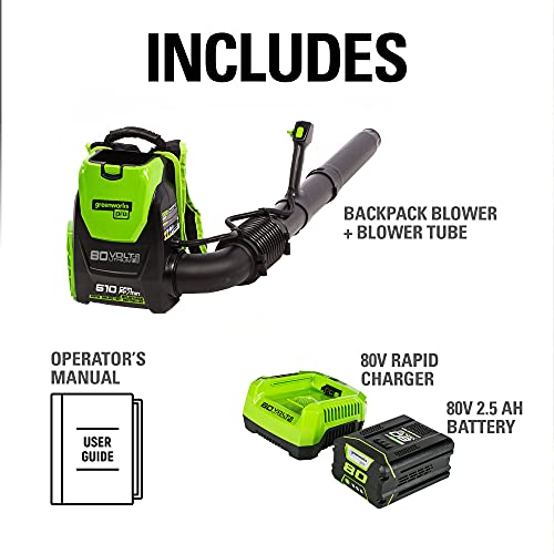 Greenworks 80V (180 MPH / 610 CFM / 75+ Compatible Tools) Cordless Brushless Backpack Blower, 2.5Ah Battery and Rapid Charger Included